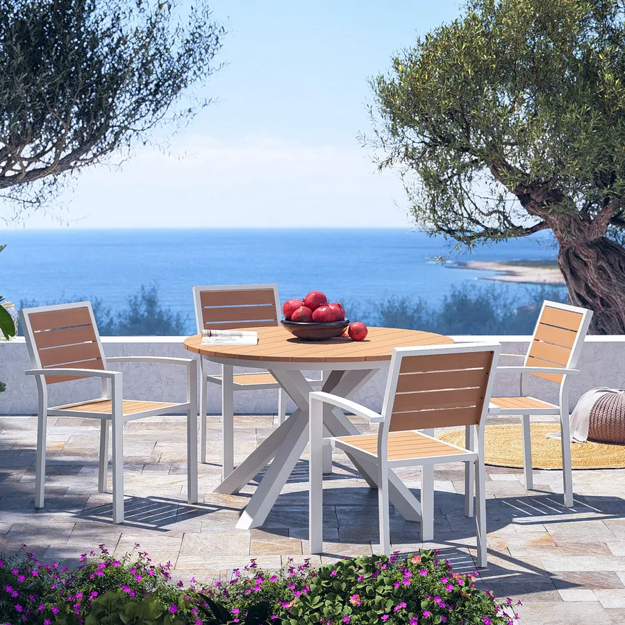 Set pranzo tavolo rotondo 120 cm e 4 sedie con braccioli in alluminio ...