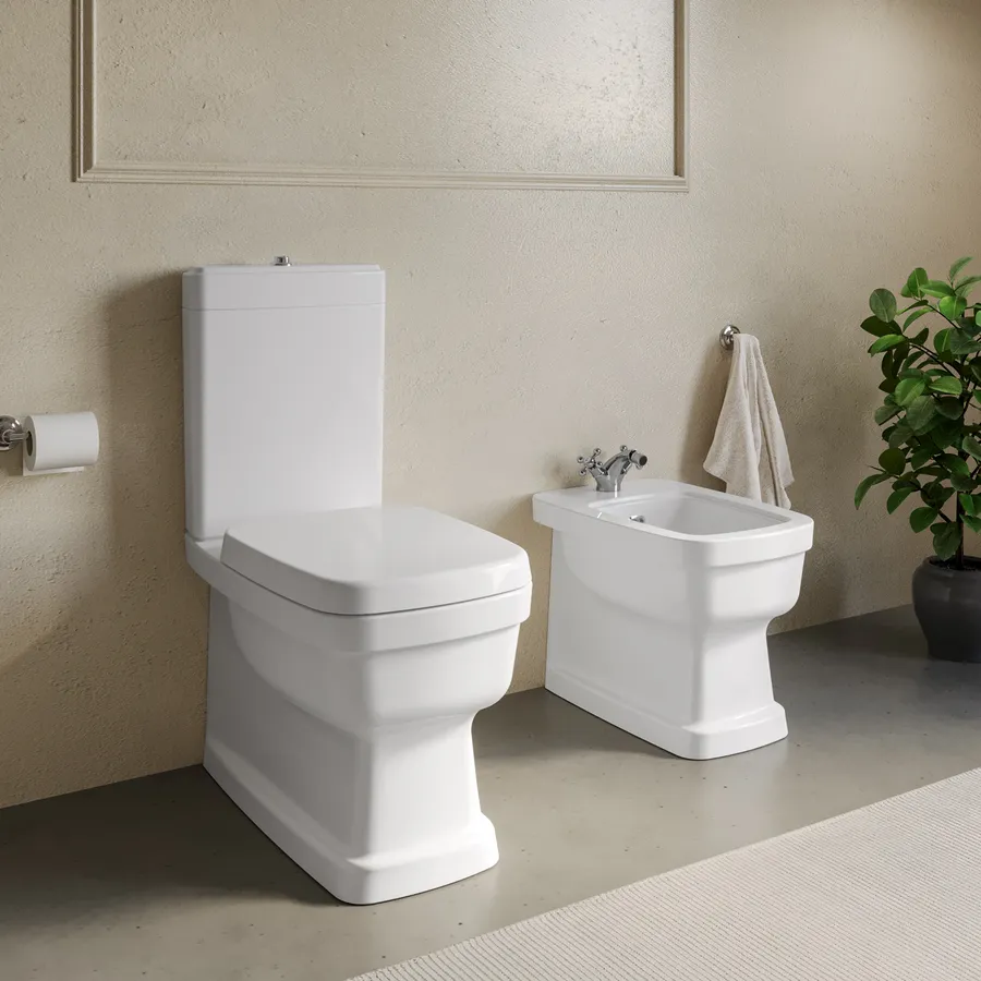 Sanitari filomuro con scarico monoblocco tradizionale in ceramica con sedile copriwc - Evolution