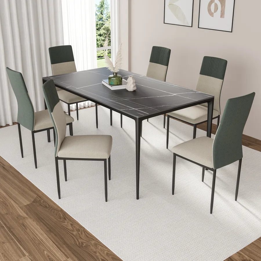 Set 6 sedie in tessuto beige e verde giada con gambe in metallo nere ...