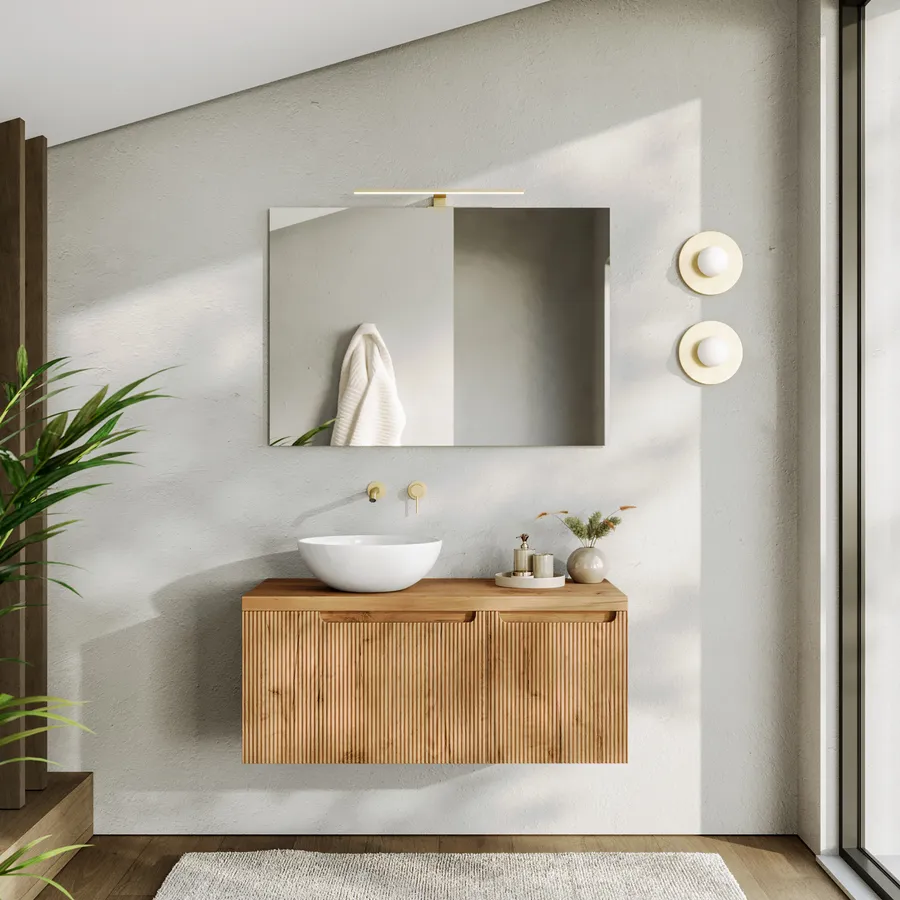 Mobile bagno sospeso 100 cm rovere gold cannettato e top con specchio ...