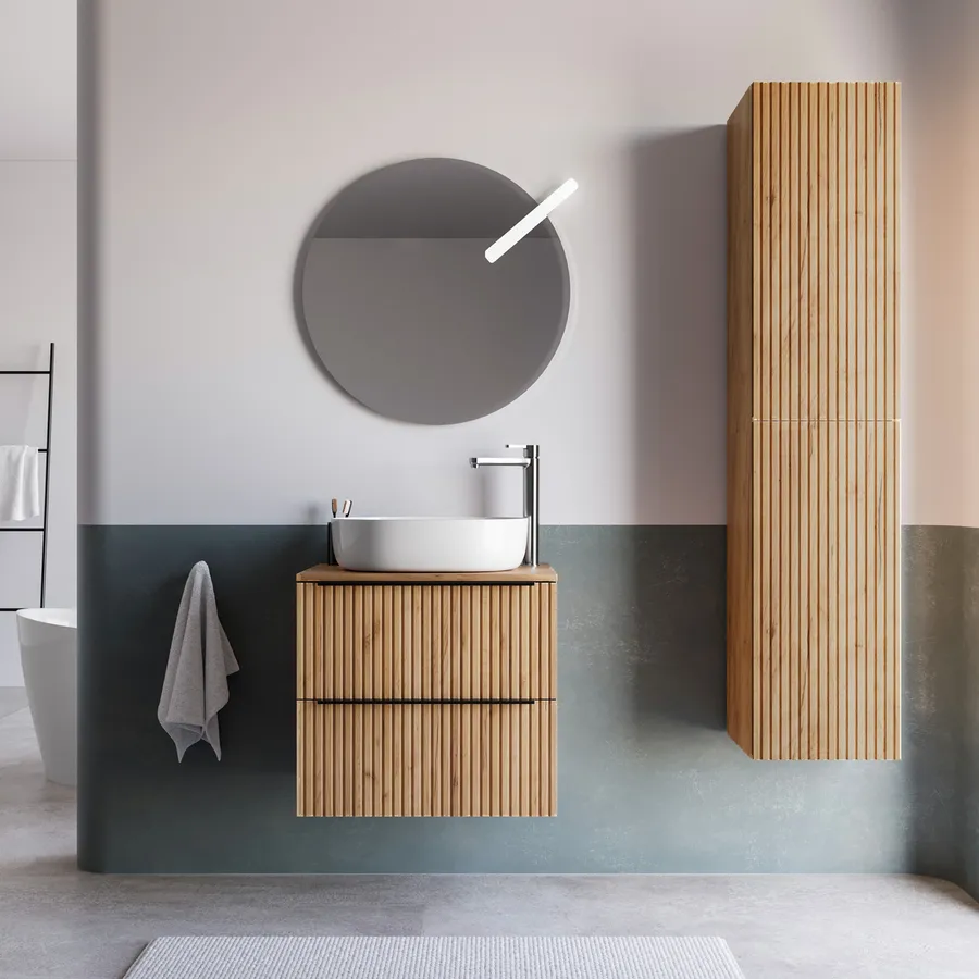 Mobile bagno sospeso 70 cm due cassetti effetto cannettato con top ...