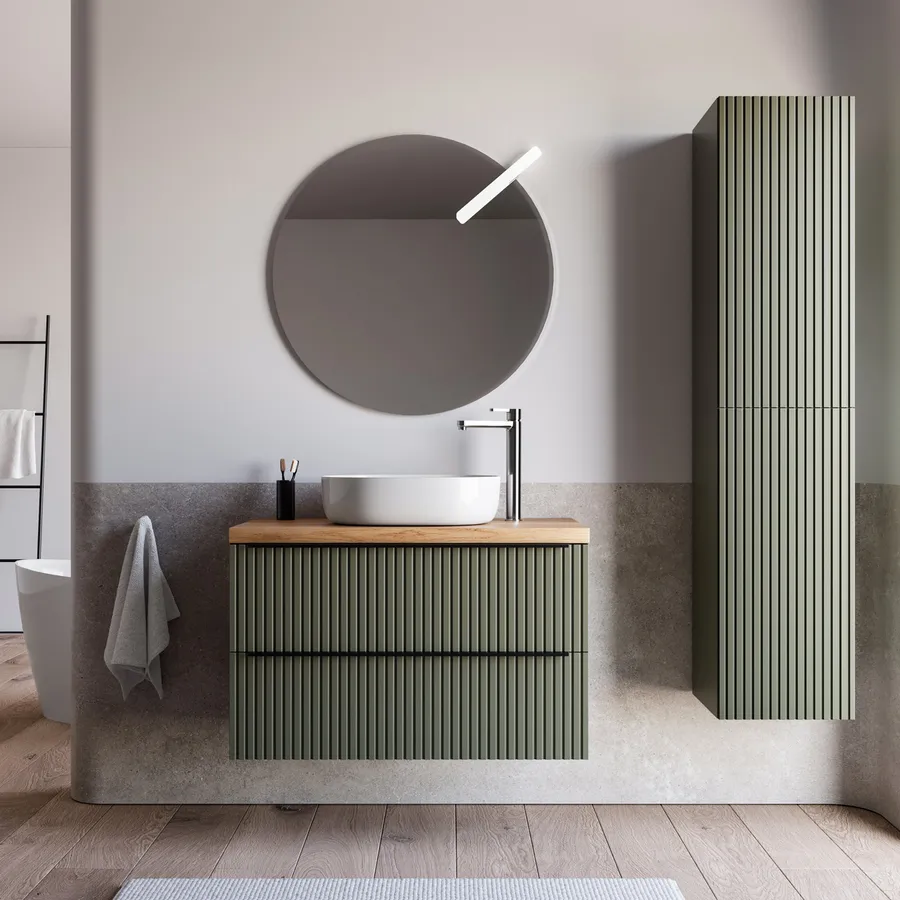 Mobile bagno sospeso 100 cm due cassetti verde selva effetto cannettato e top rovere gold con ...