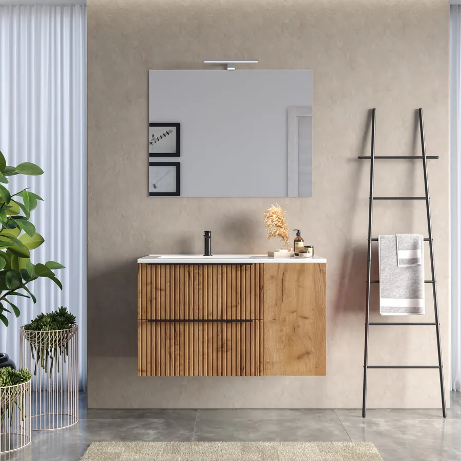 Mobile bagno sospeso 100 cm due cassetti rovere africa cannettato con ...