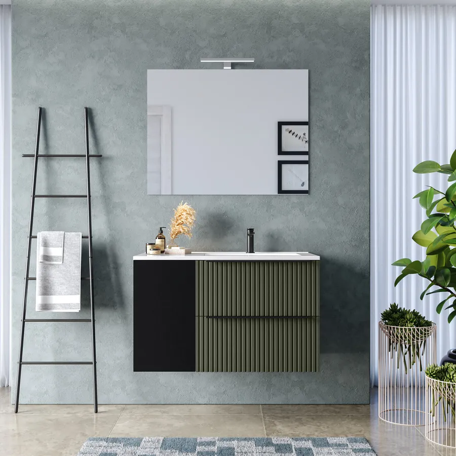 Mobile bagno sospeso 100 cm due cassetti verde selva cannettato e anta nero satinato con lavabo ...