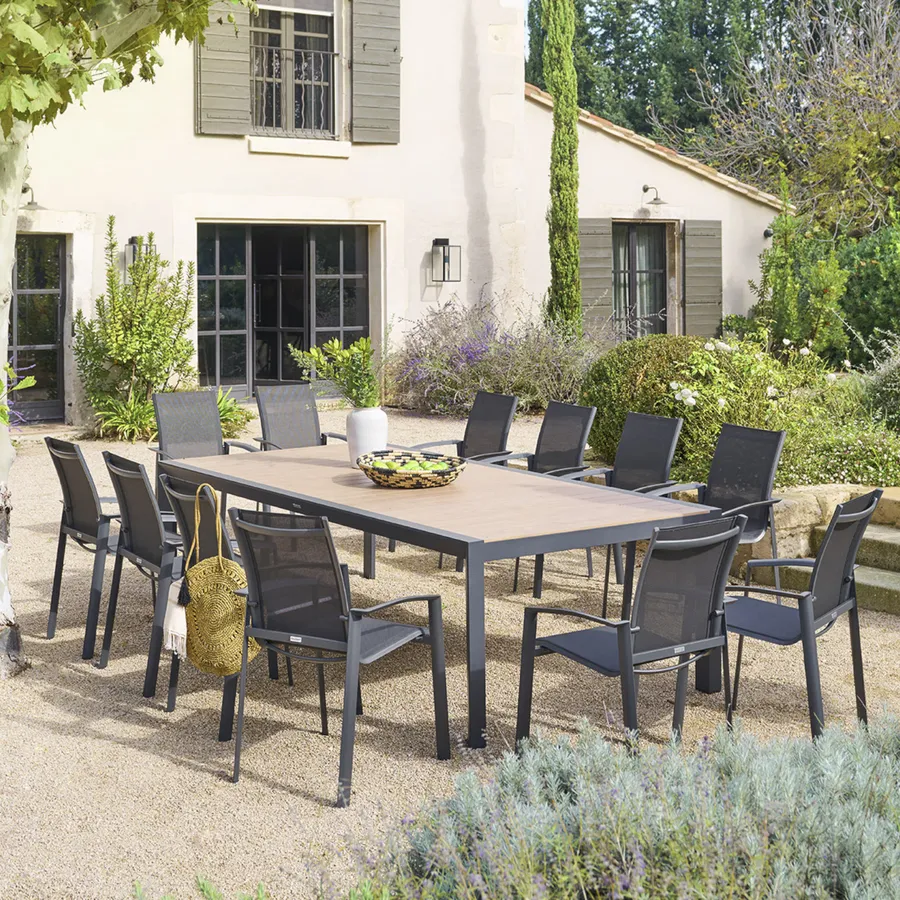 Tavolo da esterno 260x130 cm in alluminio grafite con top effetto legno ...