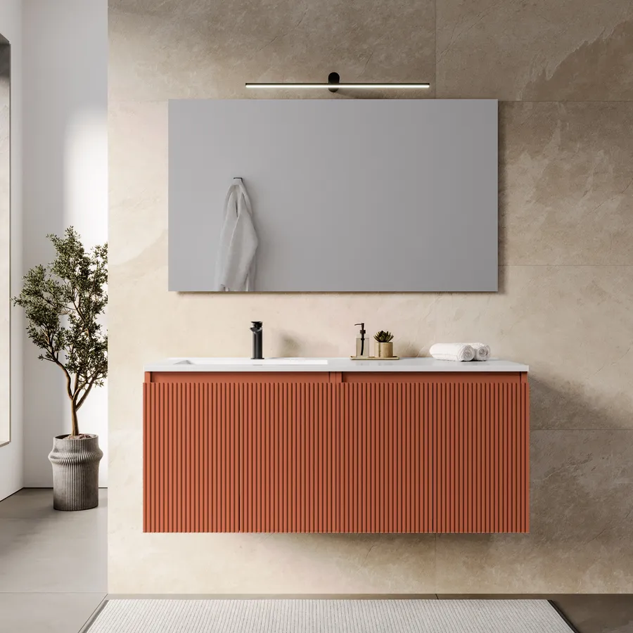 Mobile bagno sospeso con ante 120 cm terracotta cannettato con lavabo ...