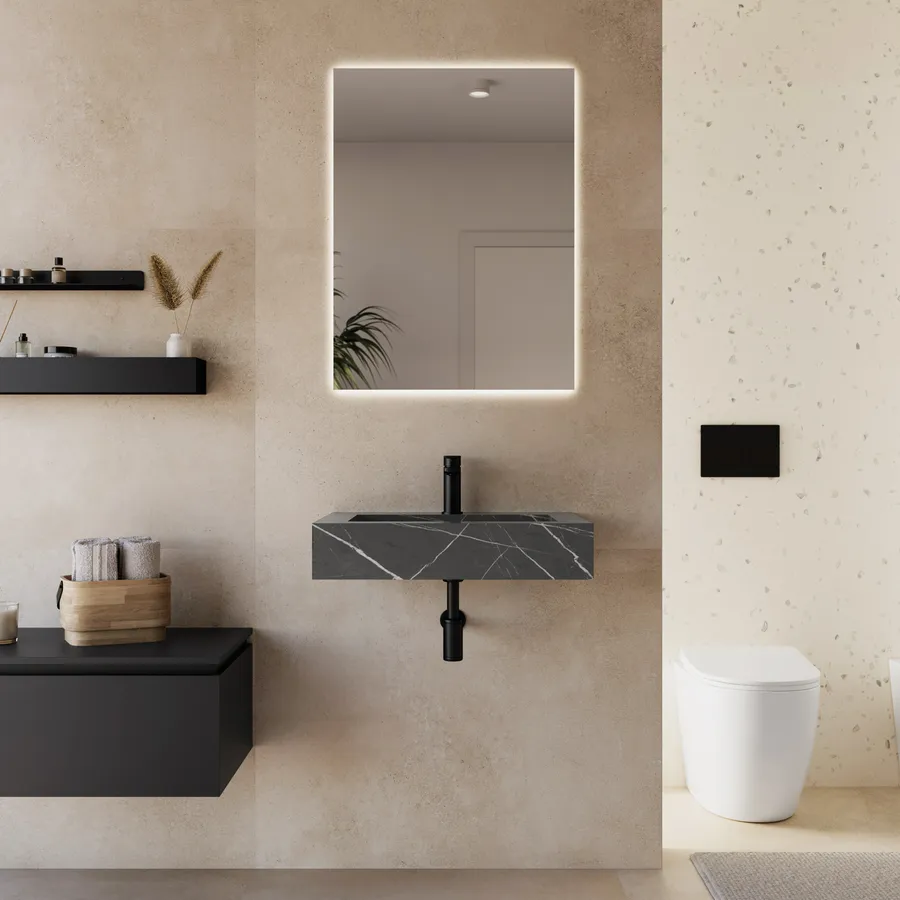 Lavabo sospeso 60x46 cm in hpl grigio effetto marmo dolomite striato ...