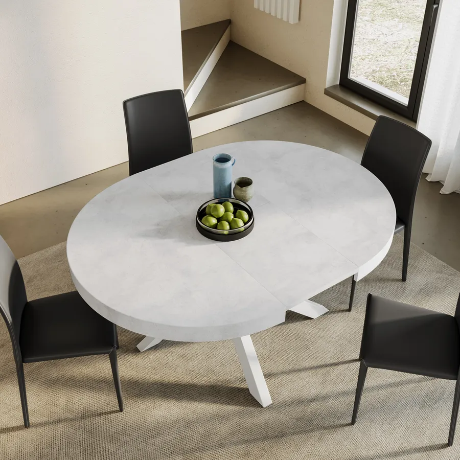 Tavolo rotondo allungabile 120-160x120 cm top bianco cemento con gambe ...