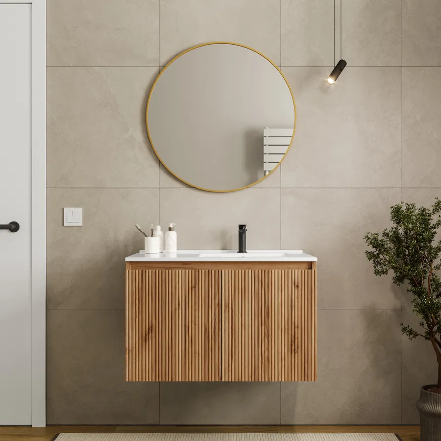 Mobile bagno sospeso 80 cm rovere gold cannettato con lavabo dx e ...