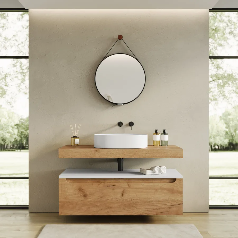 Mobile bagno sospeso 120 cm rovere gold con top bianco wedding e top ...