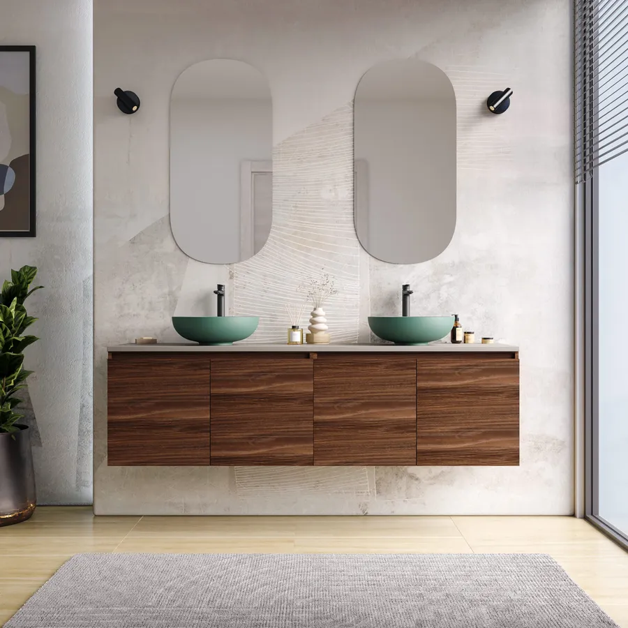 Mobile bagno sospeso con ante 180 cm rovere deciso con top grigio seta ...