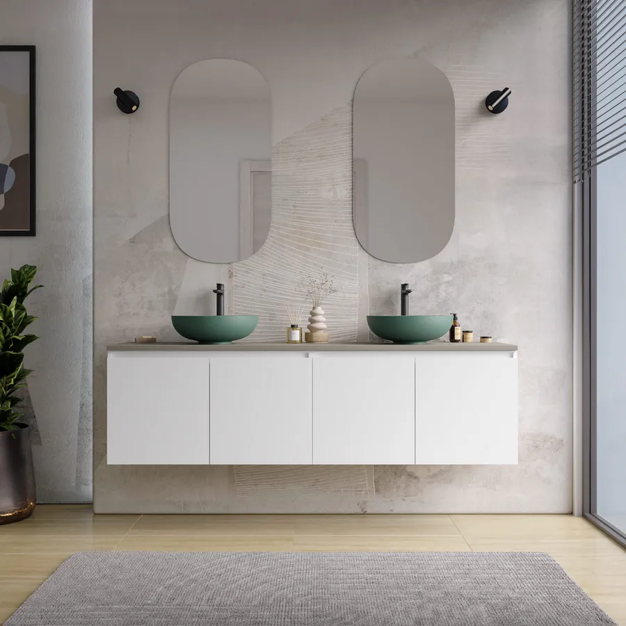 Mobile bagno sospeso con ante 180 cm bianco opaco con top grigio seta e ...