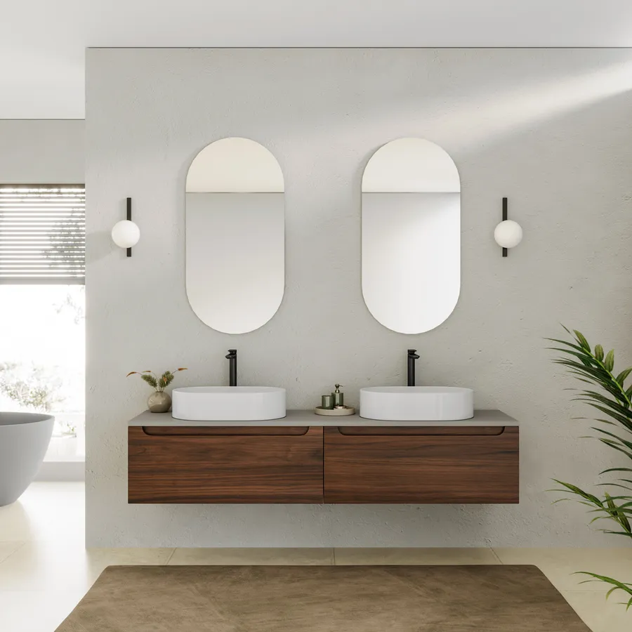 Mobile bagno sospeso 180 cm rovere deciso con top grigio seta e ...