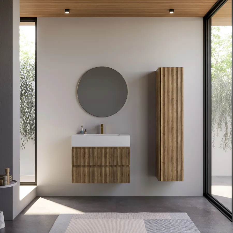 Mobile bagno sospeso 80 cm rovere america cannettato con lavabo ...
