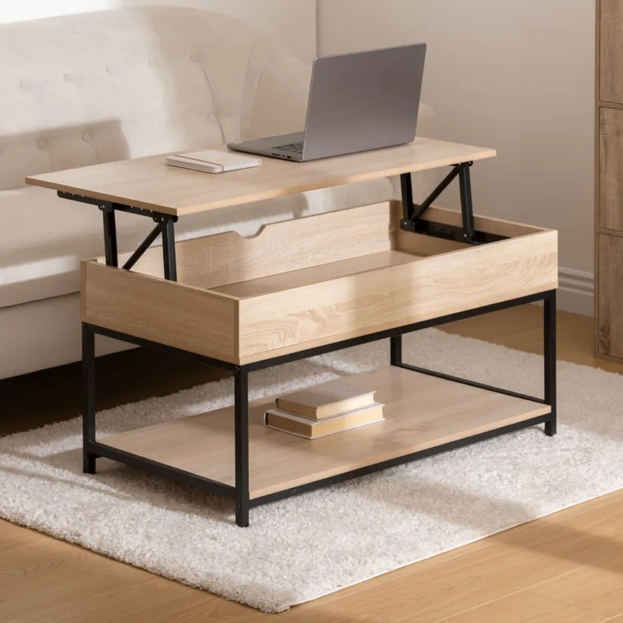 Tavolino contenitore sollevabile 95x51h cm effetto rovere e acciaio ...