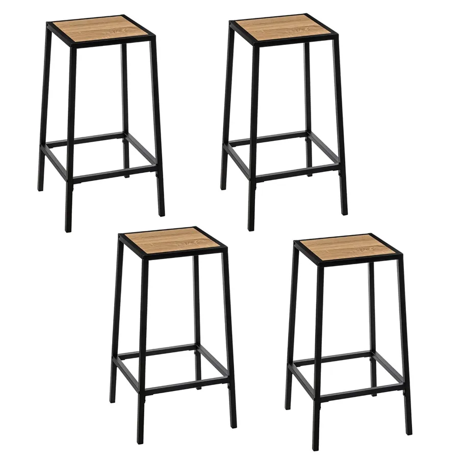 Set 4 sgabelli alti in acciaio nero ed effetto rovere con poggiapiedi ...