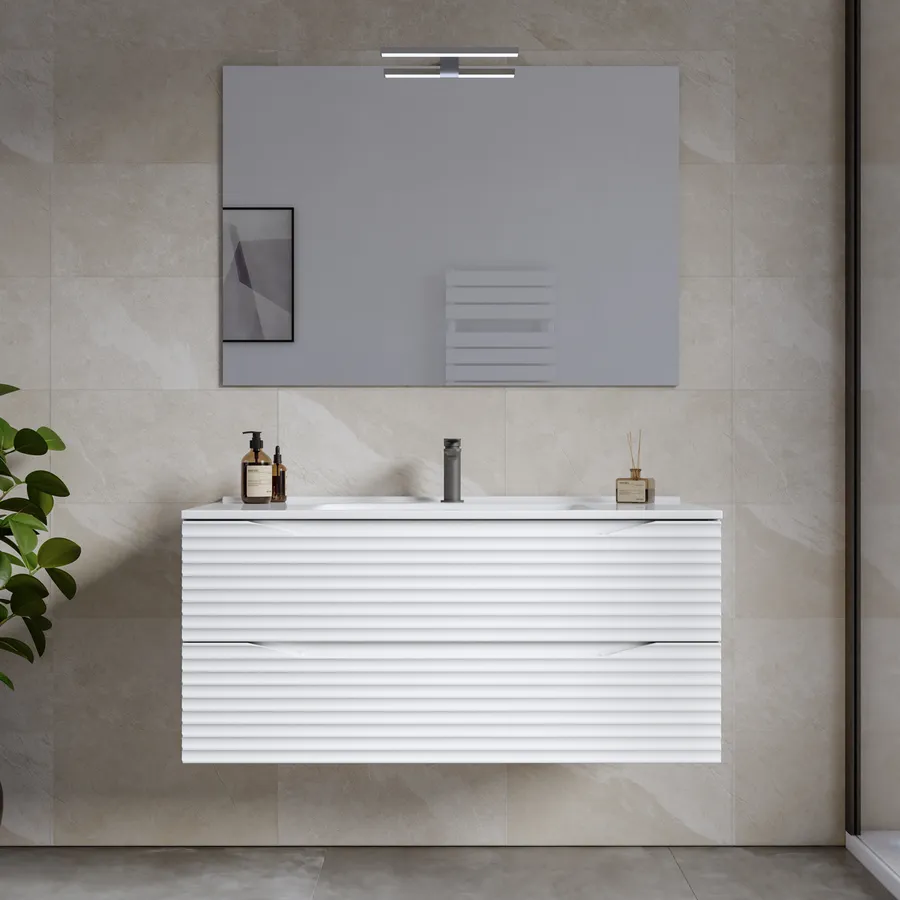 Mobile bagno sospeso 100 cm 2 cassetti bianco opaco cannettato con ...