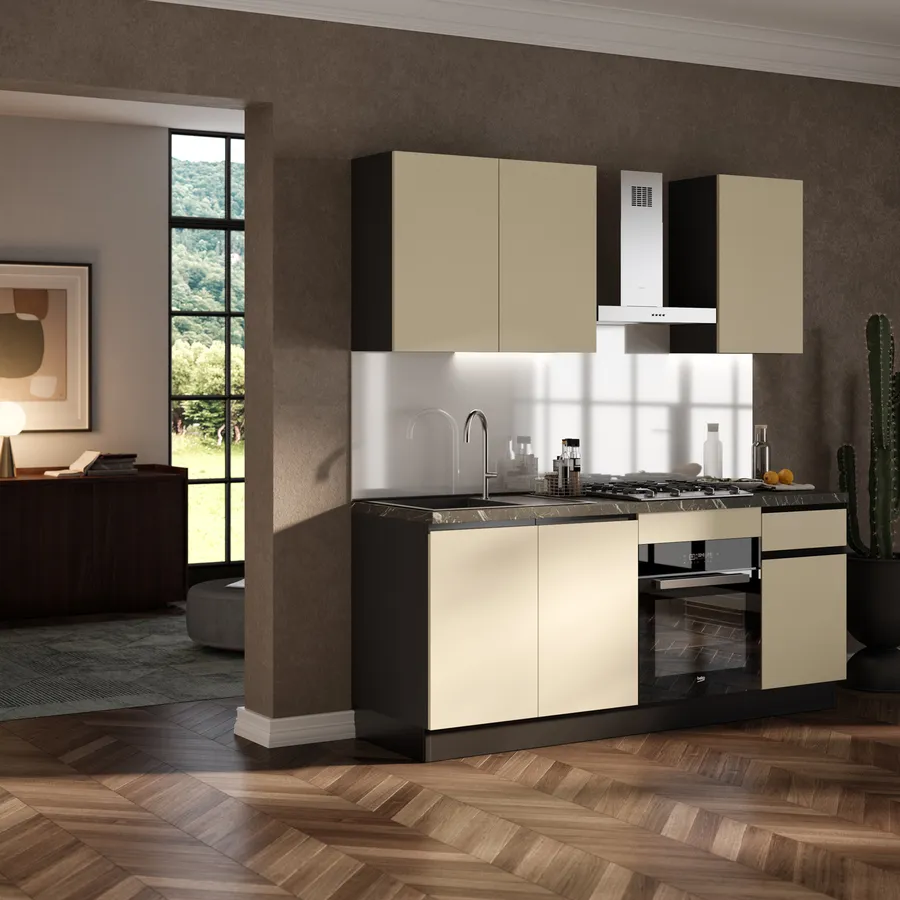 Cucina lineare 195 cm antracite e cashmere top 40 mm nero effetto marmo ...