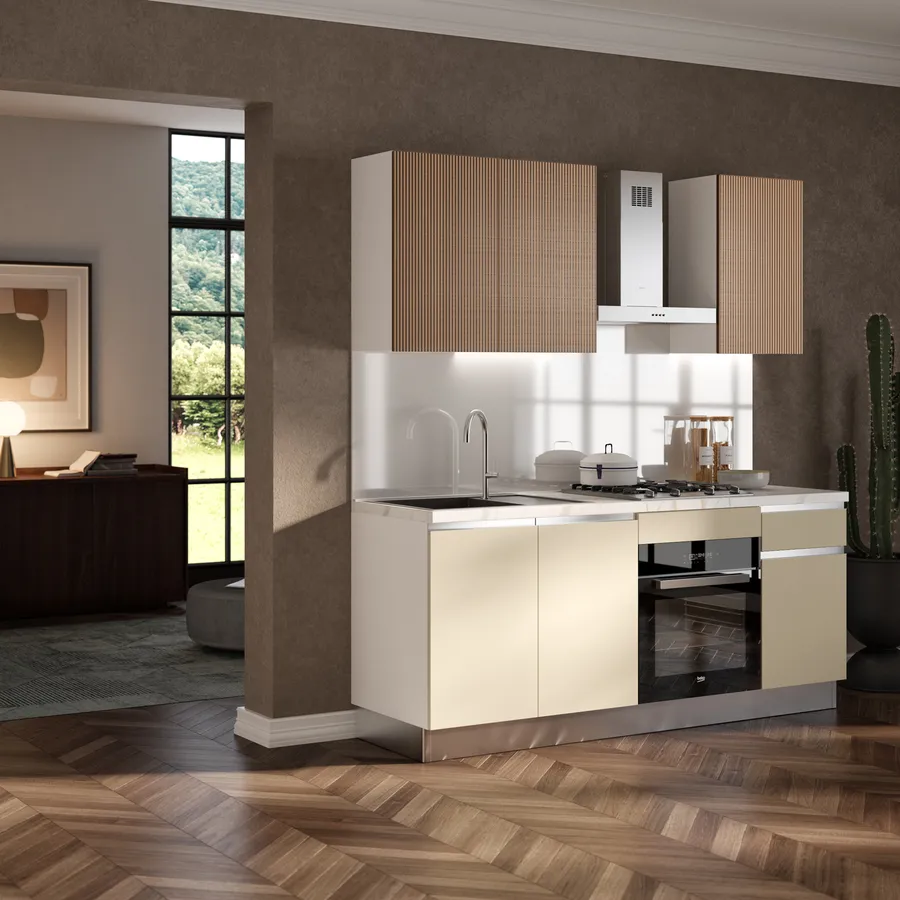 Cucina lineare 195 cm bianco e cashmere top 40 mm bianco effetto marmo ...