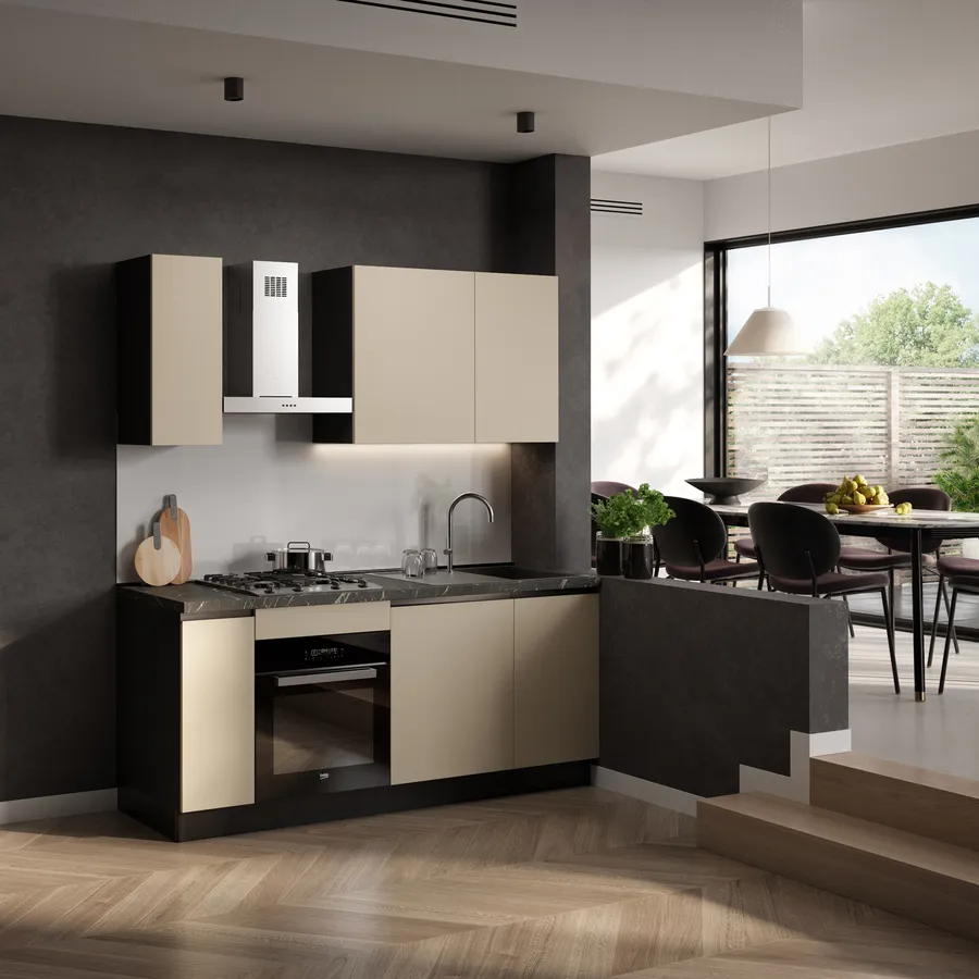 Cucina lineare 195 cm antracite e cashmere top 40 mm nero effetto marmo ...