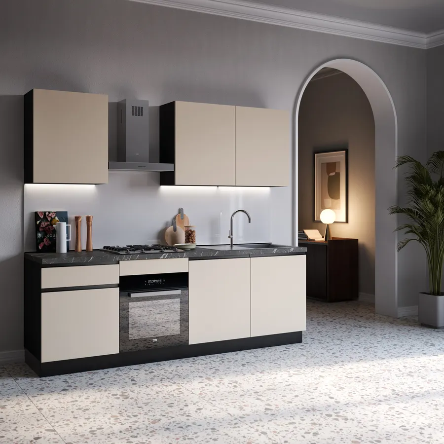 Cucina lineare 240 cm antracite e cashmere top 40 mm nero effetto marmo ...