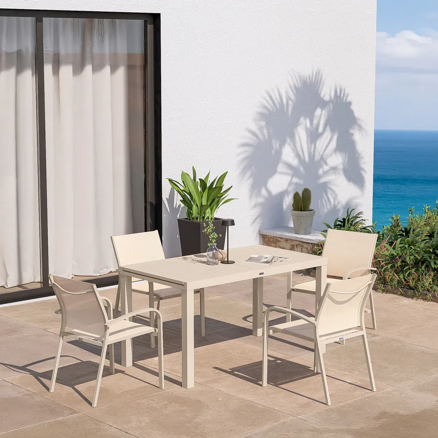 Set pranzo vaniglia con tavolo 140/210x77 cm e 4 sedie con braccioli ...