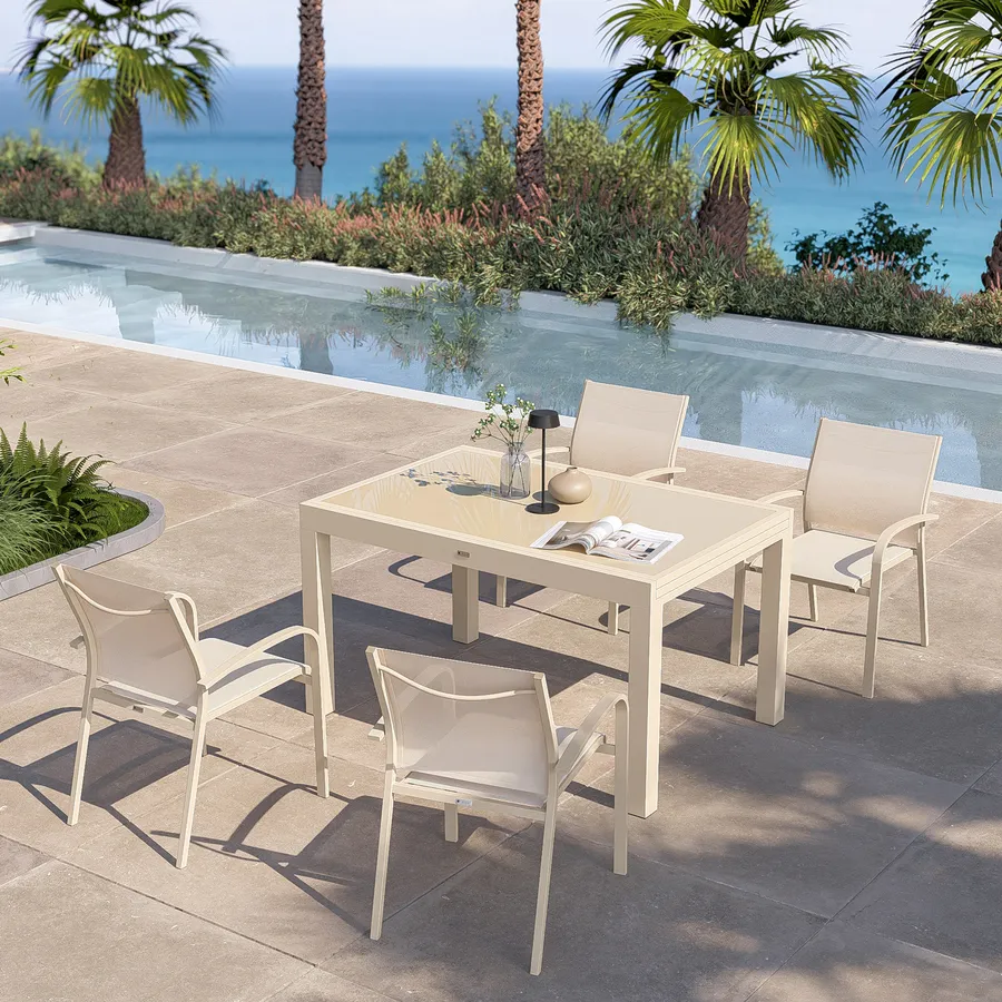 Set pranzo vaniglia con tavolo 135/270x90 cm top vetro e 4 sedie con ...