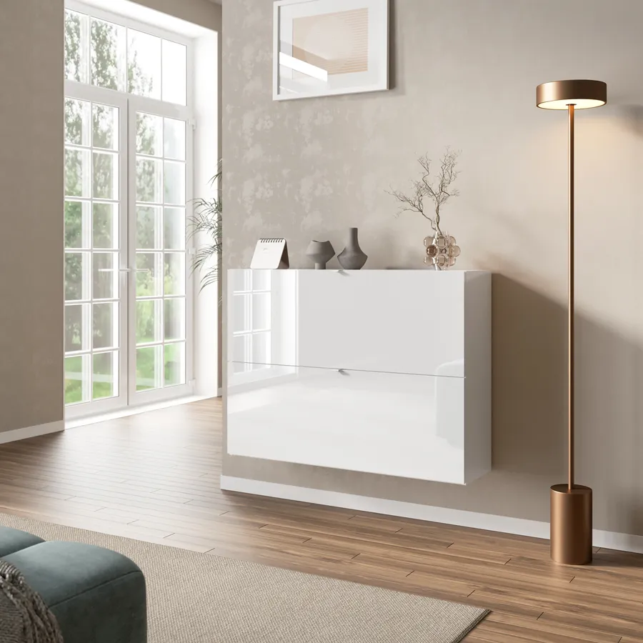 Scarpiera sospesa 109x77h cm bianco lucido con 2 ante a ribalta - Sabyn