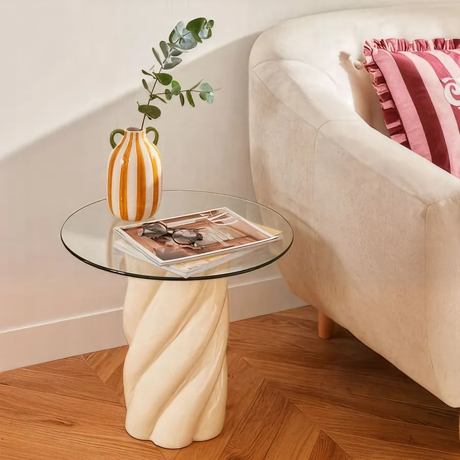 Tavolino rotondo 50 cm in ossido di magnesio beige e top in vetro ...