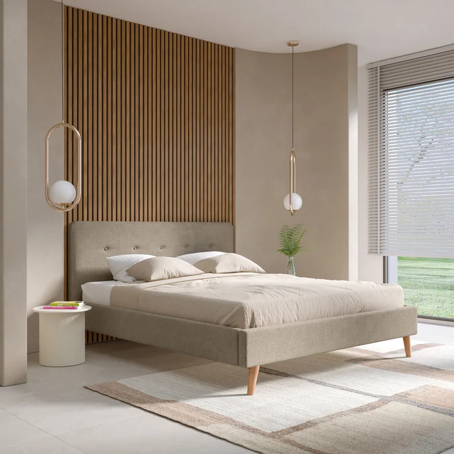 Letto matrimoniale 160x200 cm tessuto effetto maglia tortora con gambe ...