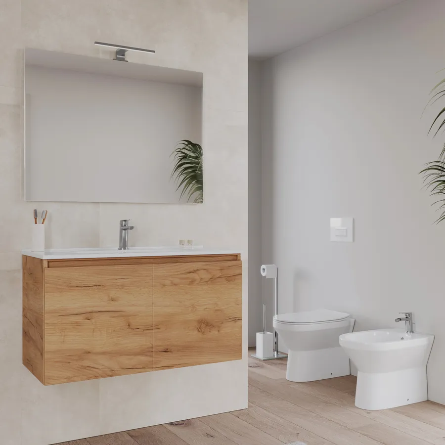 Bagno completo con mobile sospeso 90 cm rovere gold 2 ante con sanitari ...