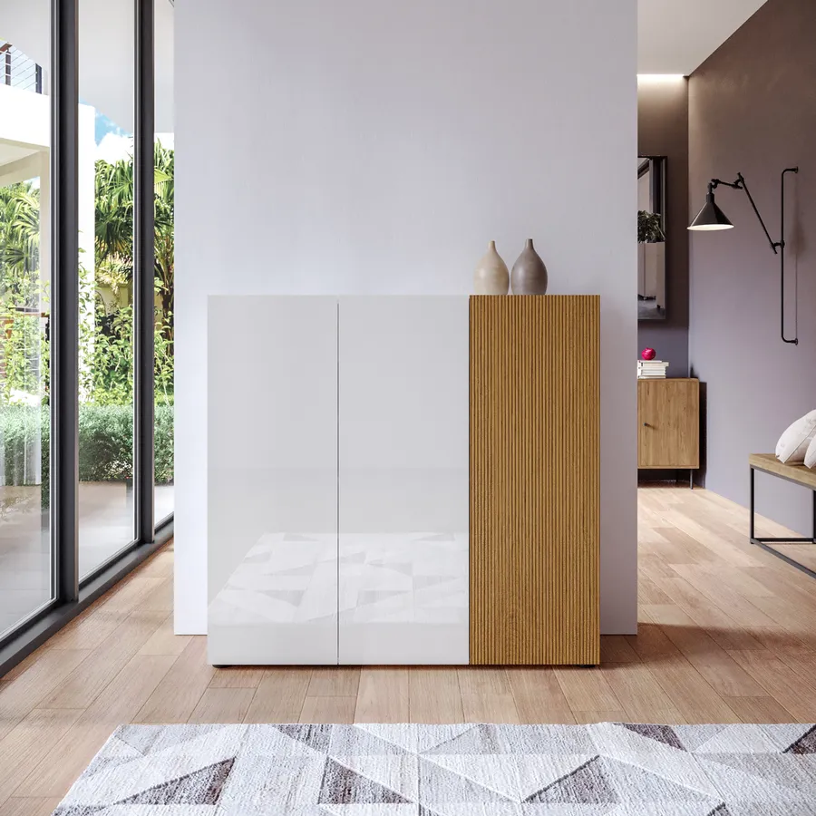 Scarpiera 120x115h cm rovere cannettato e bianco lucido con 3 ante soft ...