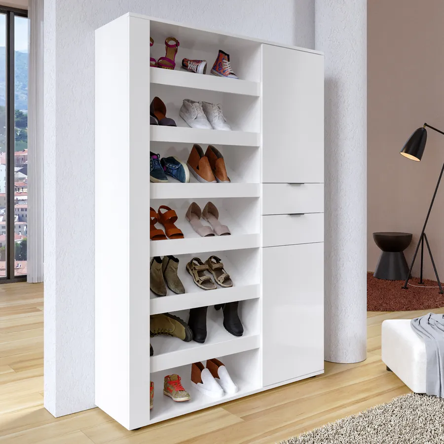 Scarpiera alta 120x178h cm bianco lucido con 2 ante e 2 cassetti soft ...