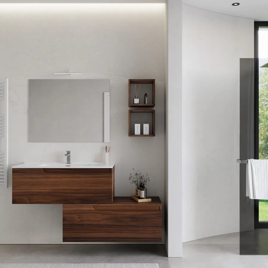 Mobile bagno sospeso 100 cm rovere deciso con cassetto e lavabo - Agave