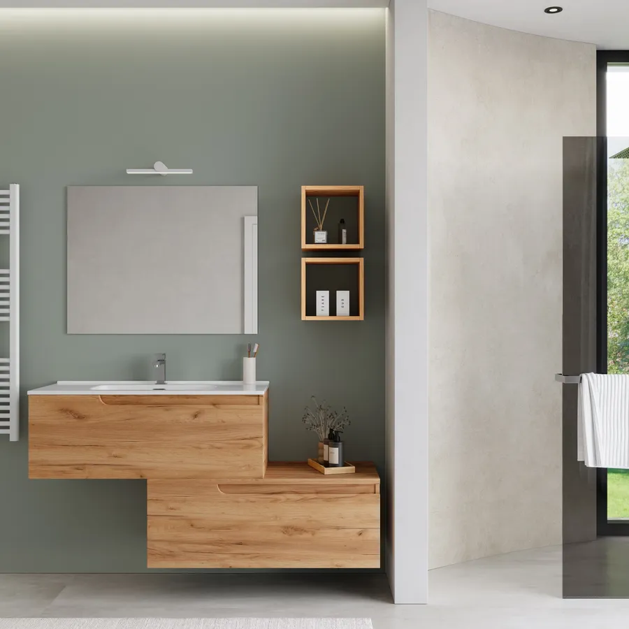 Mobile bagno sospeso 100 cm rovere gold con cassetto e lavabo - Agave