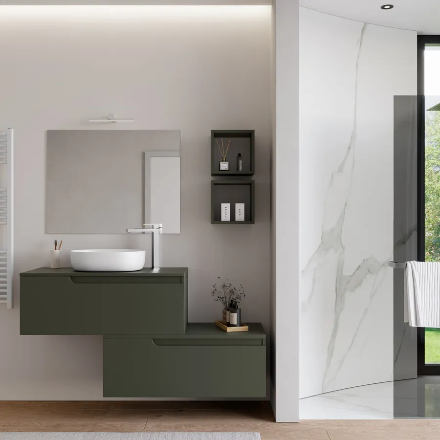 Mobile bagno sospeso 100 cm verde cemento con cassetto e top - Agave