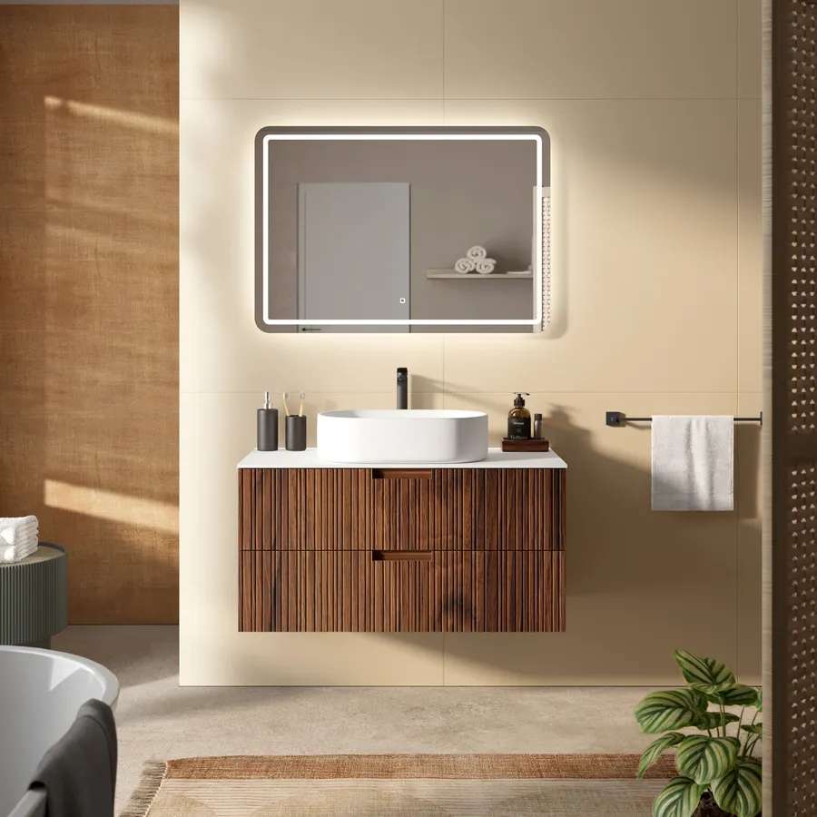 Mobile bagno sospeso 100 cm 2 cassetti rovere deciso cannettato con top ...