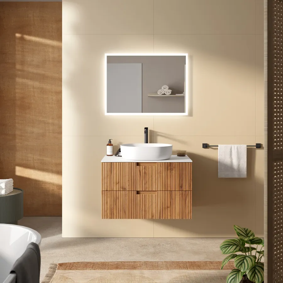 Mobile bagno sospeso 80 cm 2 cassetti rovere gold cannettato con top in ...
