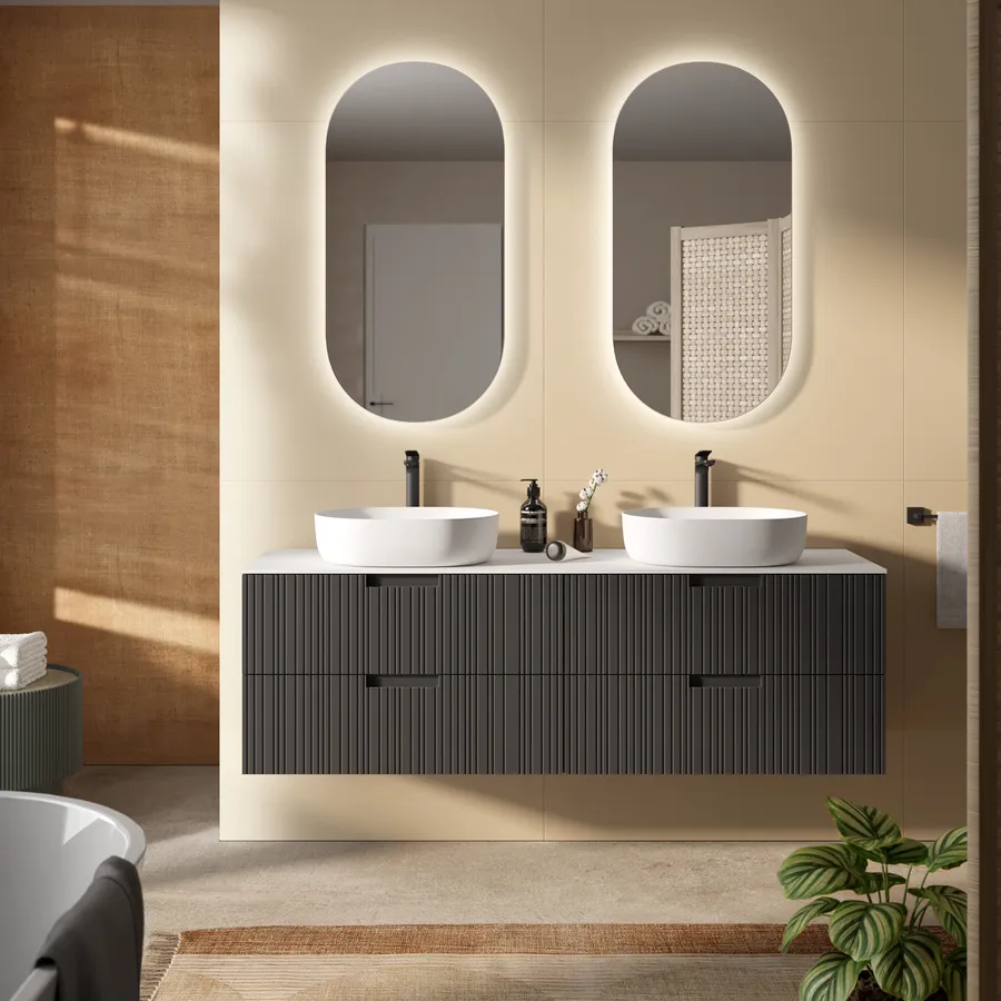Mobile bagno sospeso 160 cm 4 cassetti antracite cannettato con top in ...