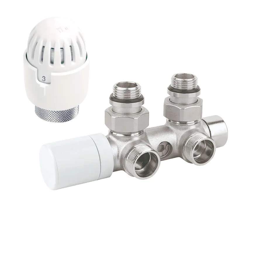 Valvola monoblocco attacco centrale con testa termostatica per tubi rame 14